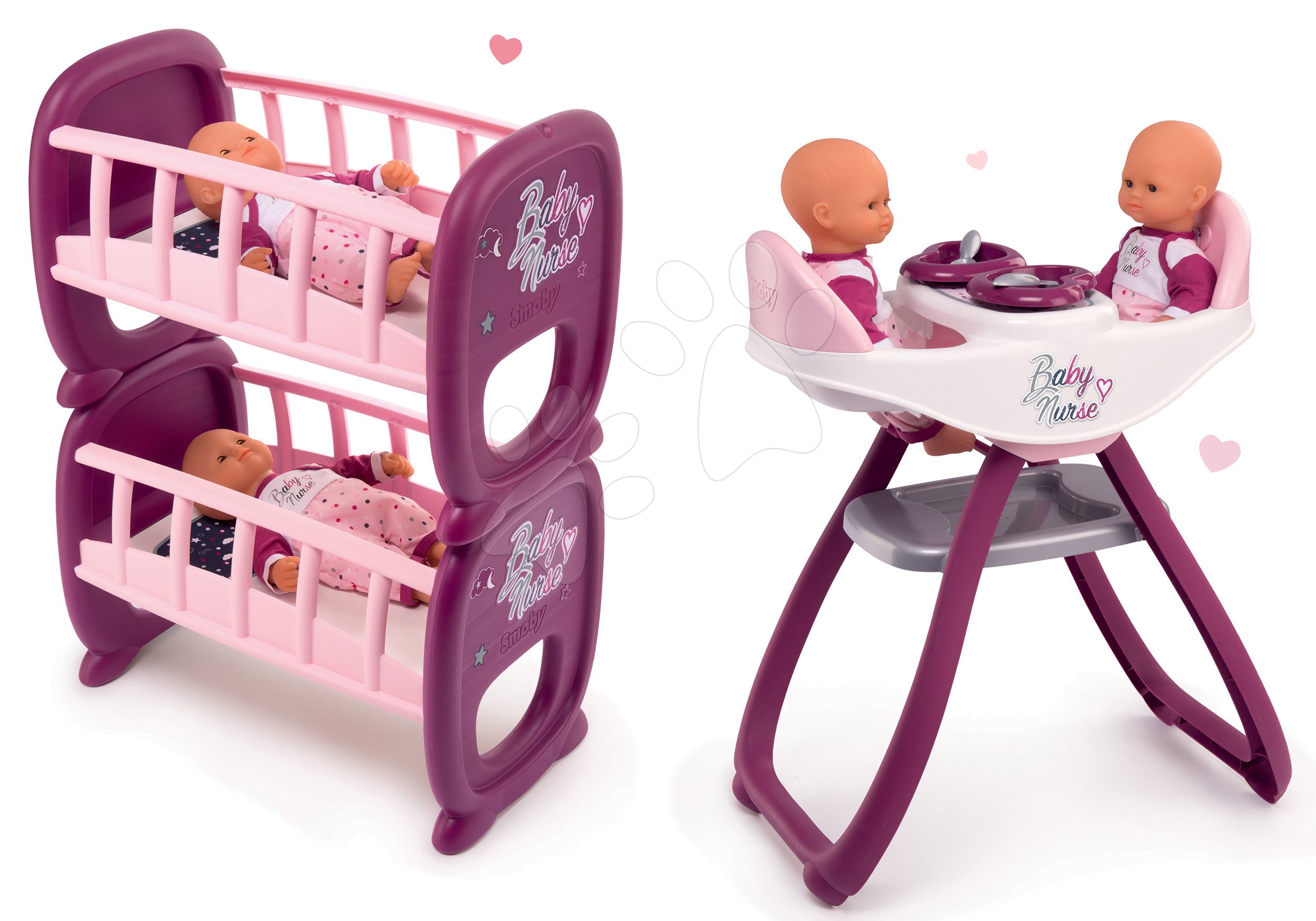 Set jídelní židle a houpačka pro panenky a postel Smoby