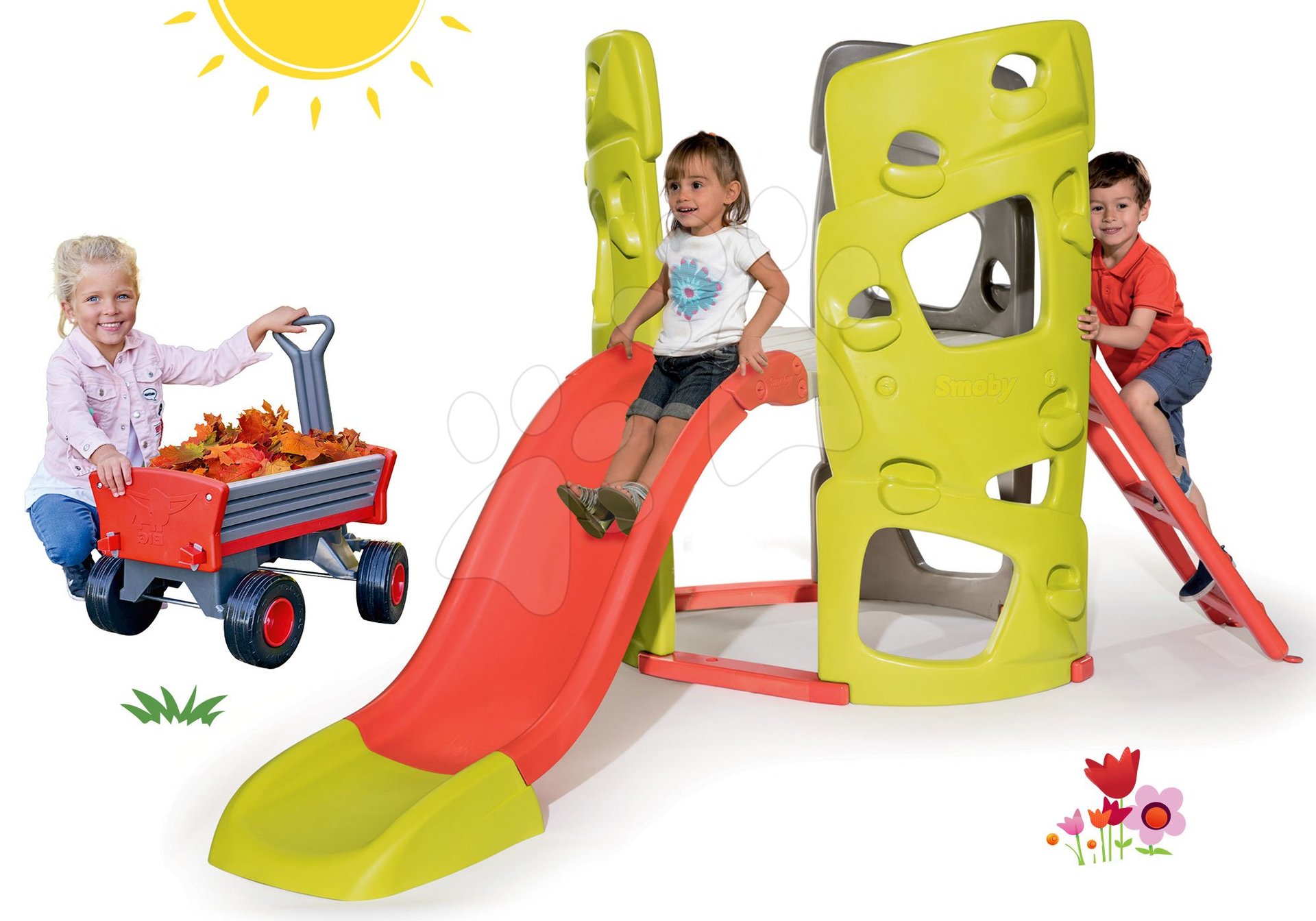 Klettergerüst-Set mit 3 Kletterwänden Smoby und Peppy Wagen